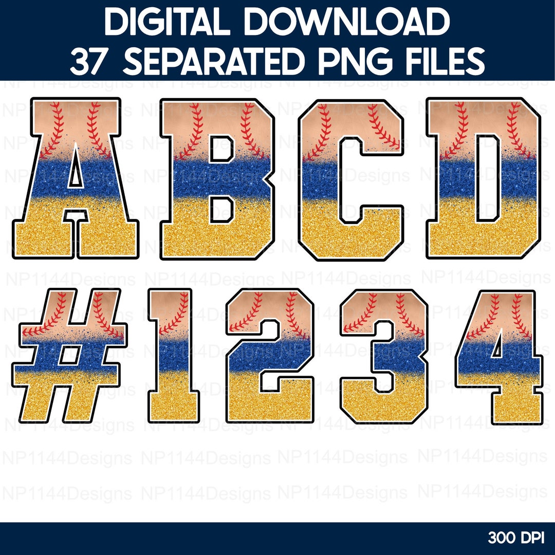 Baseball Navy Blue Gold Glitter Alphabet Bundle PNG, Sublimation ...