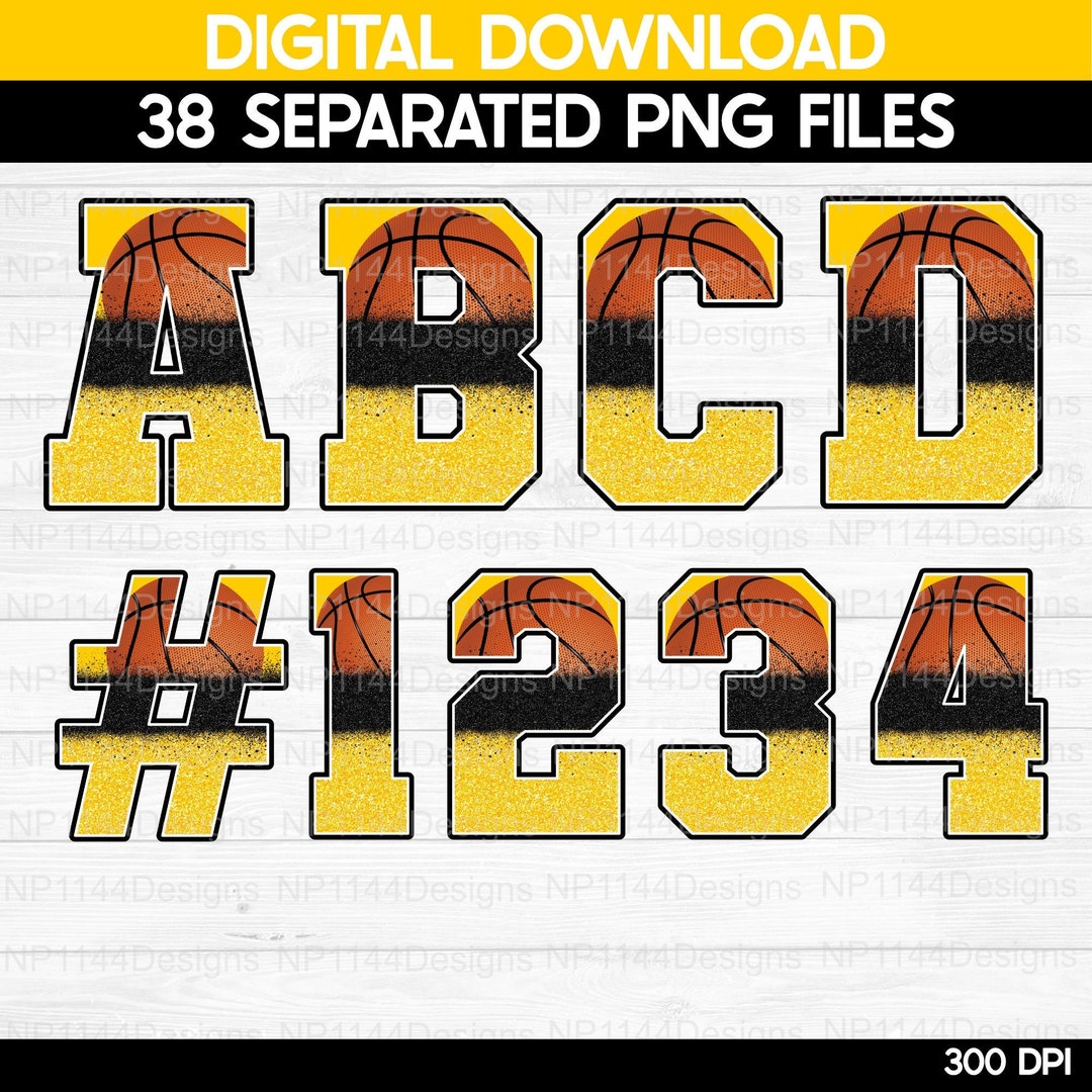 Basketball Alphabet PNG Bundle: Yellow Gold & Black Varsity Letters ...