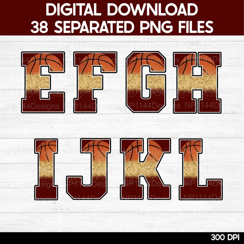 Basketball Maroon and Gold Glitter Alphabet Bundle PNG, Sublimation ...