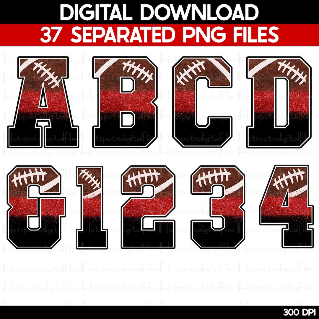 Football Black and Red Glitter Alphabet Bundle PNG, Sublimation Letters ...