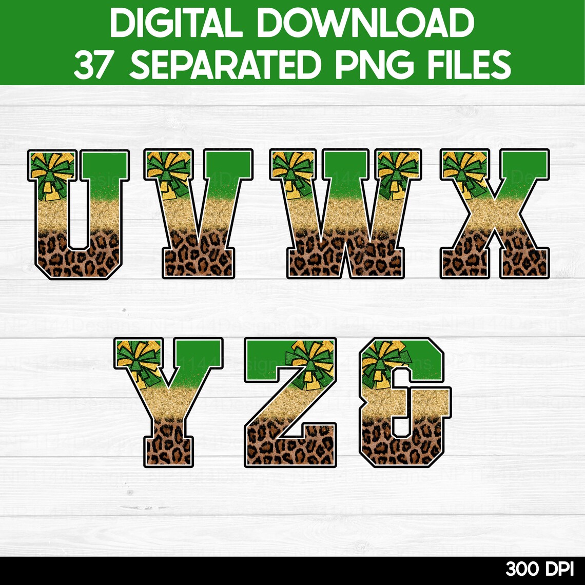 Cheer Alphabet PNG Bundle: Green & Gold Team Spirit, Varsity Letters ...