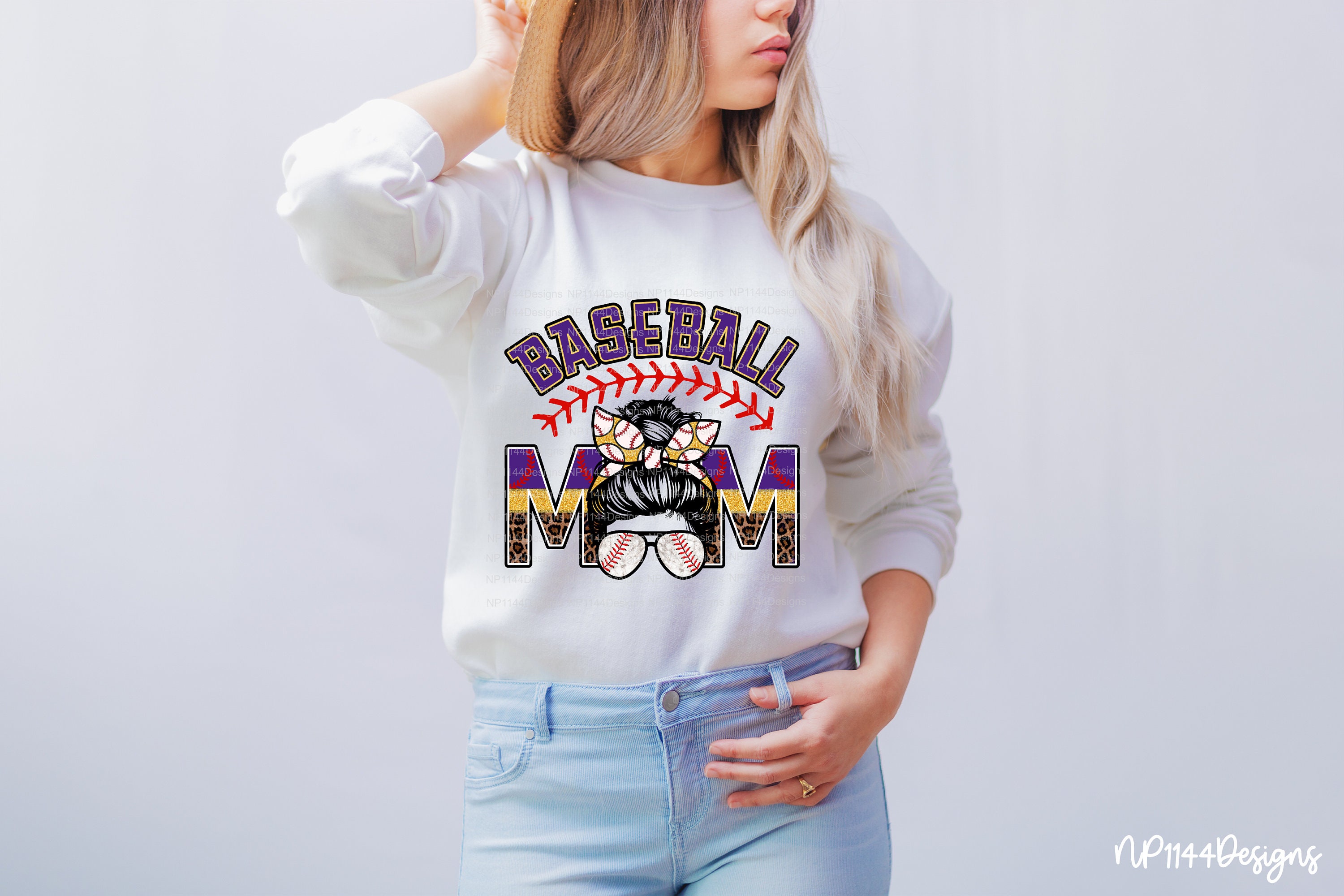 Baseball Mom PNG: Purple & Gold Team Spirit, Messy Bun Sublimation ...