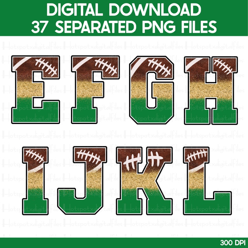 Football Alphabet PNG Bundle: Green & Gold, Varsity Letters and Numbers ...