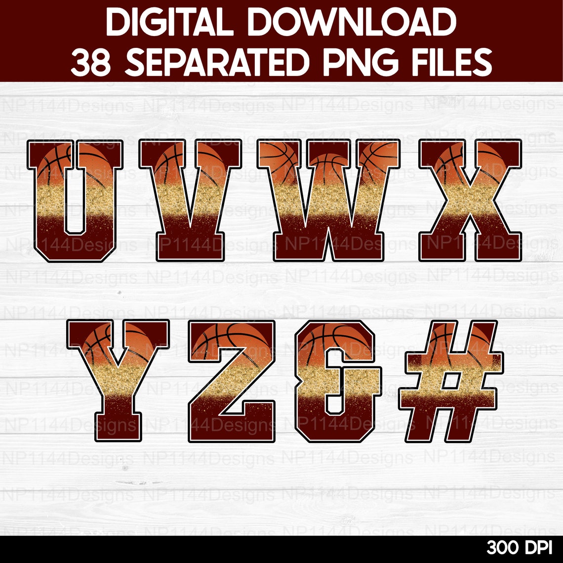 Basketball Maroon and Gold Glitter Alphabet Bundle PNG, Sublimation ...