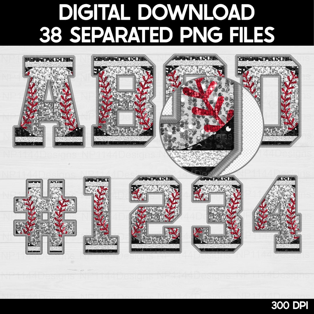 Faux Embroidery Sequin Baseball Letters PNG, Baseball Alphabet Bundle ...