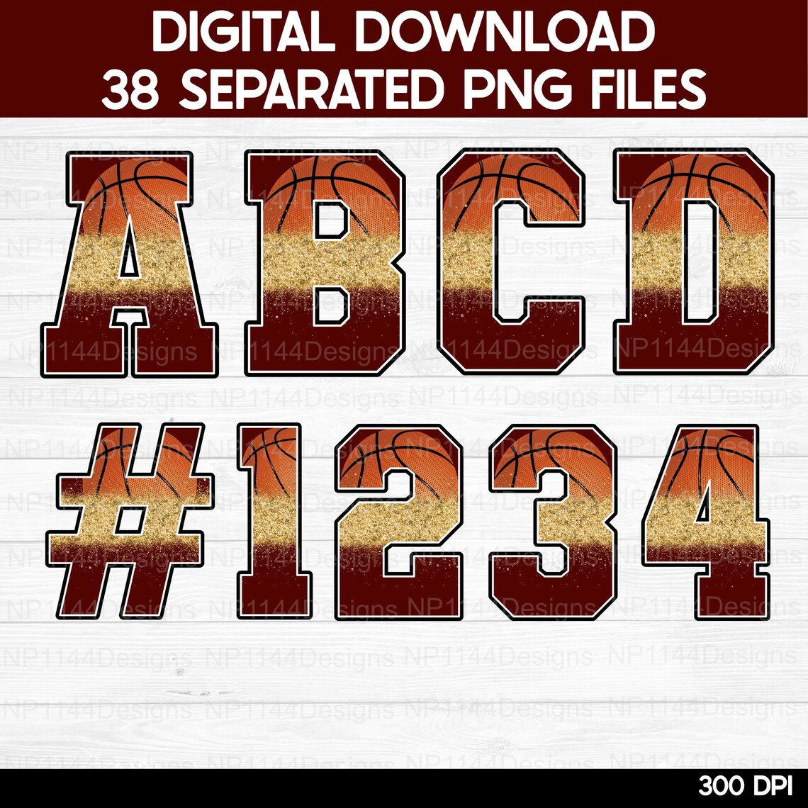Basketball Maroon and Gold Glitter Alphabet Bundle PNG, Sublimation ...