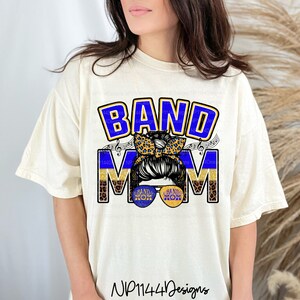 Band Mom PNG: Leopard Print, Blue & Gold, Messy Bun Design (digital ...