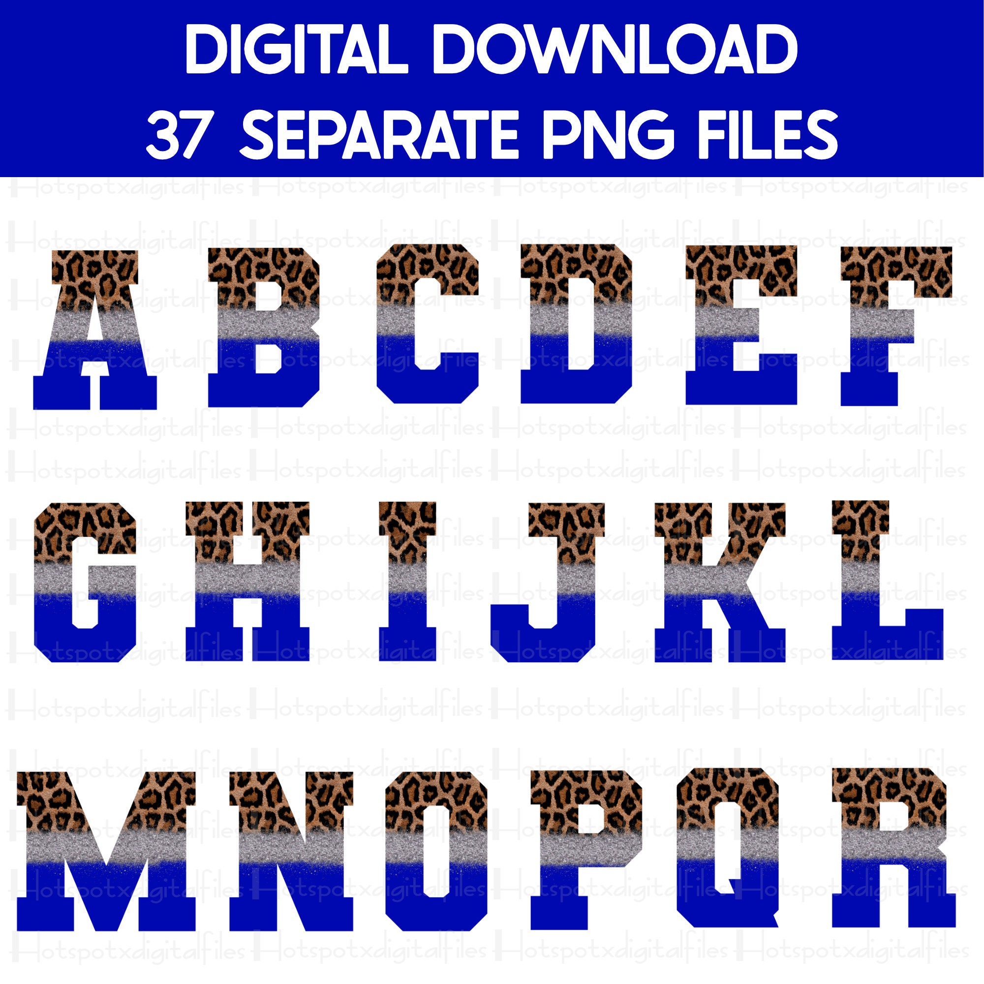 Royal Blue Silver Glitter Leopard Print Alphabet Bundle PNG - Etsy