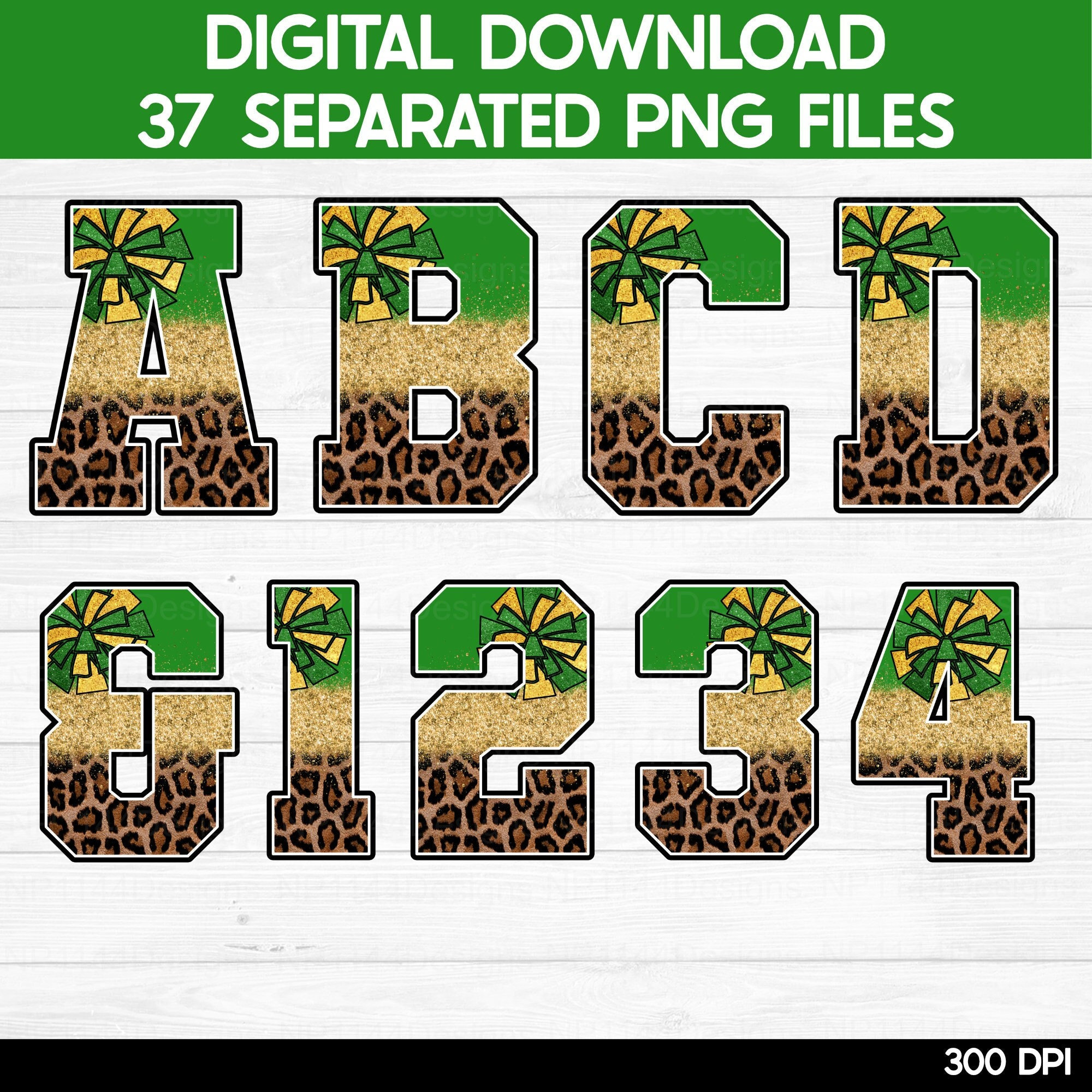 Cheer Alphabet PNG Bundle: Green & Gold Team Spirit, Varsity Letters ...