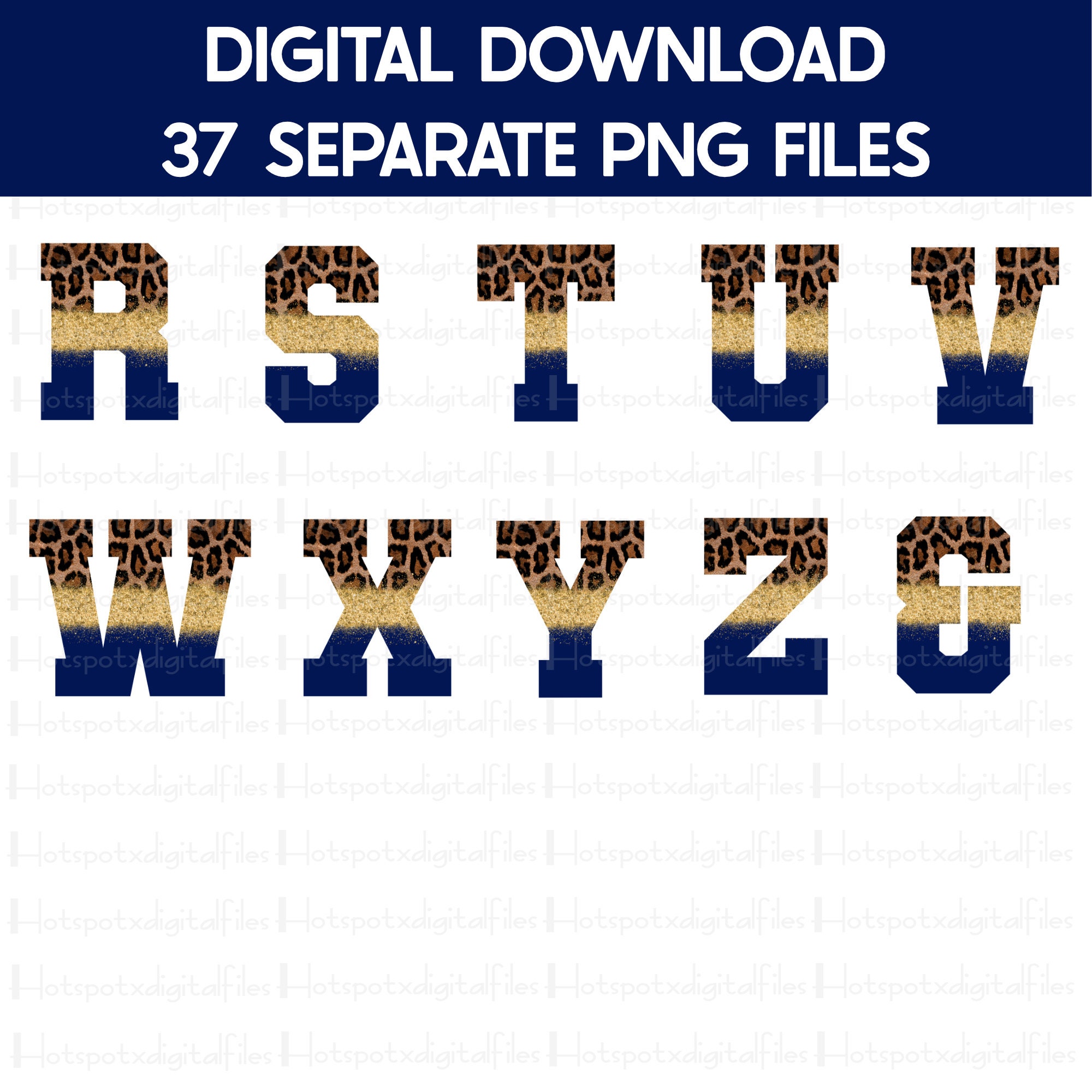 Leopard Alphabet PNG Bundle: Navy Blue & Gold, Varsity Letters and ...