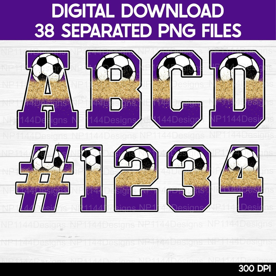 Soccer Alphabet Bundle PNG: Purple and Gold Varsity Letters (digital ...