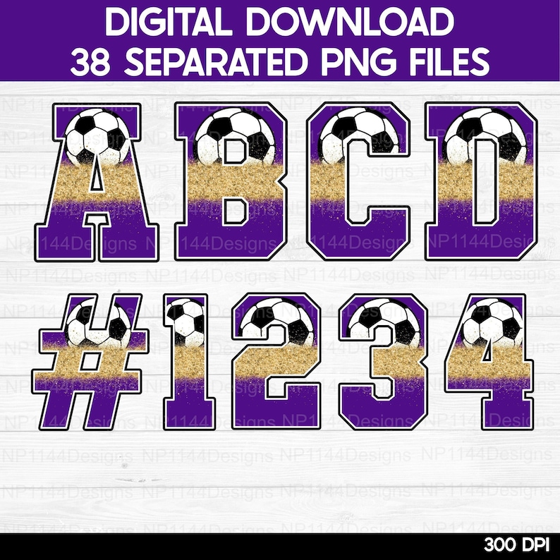 Soccer Alphabet Bundle PNG: Purple and Gold Varsity Letters (digital ...
