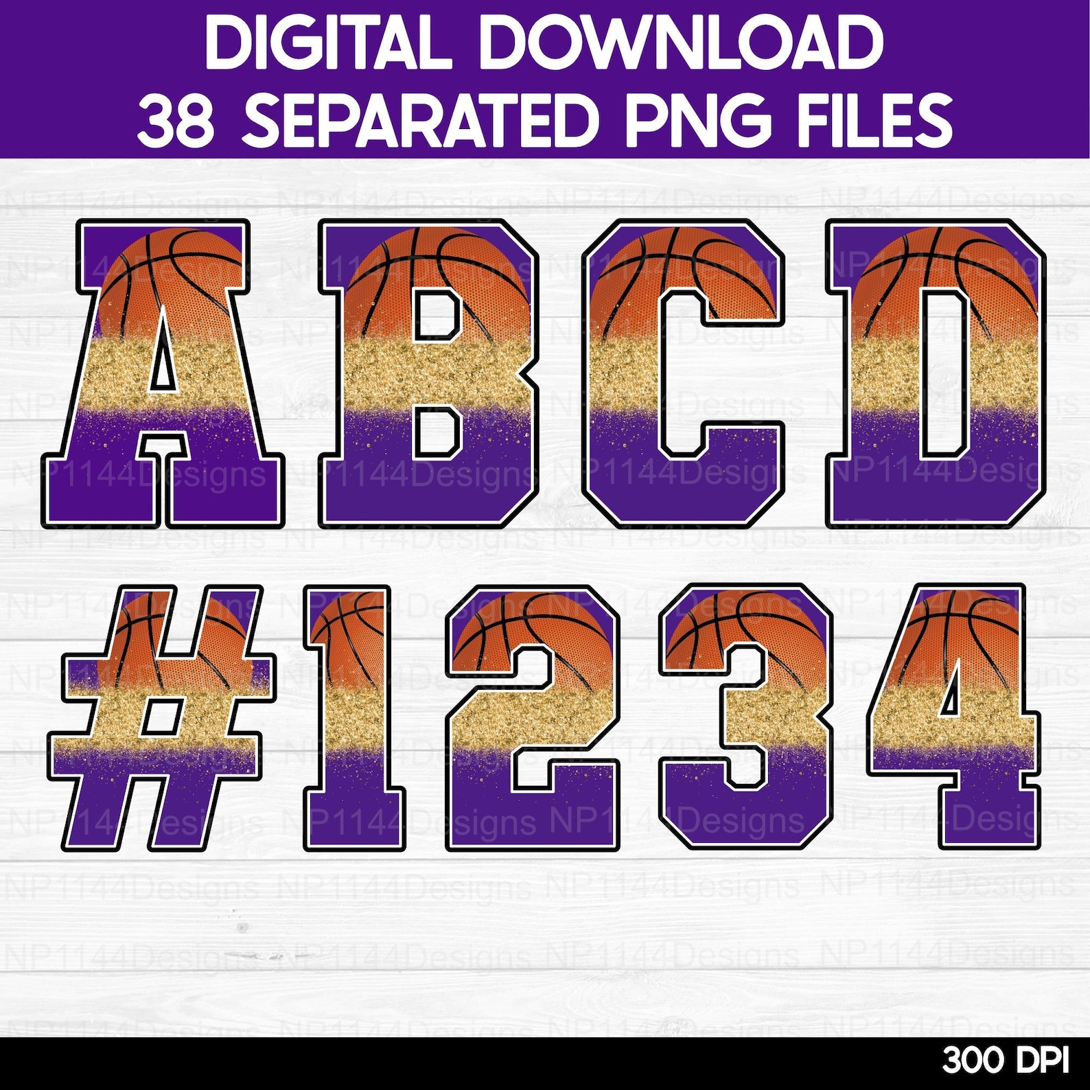 Basketball Purple and Gold Glitter Alphabet Bundle PNG, Sublimation ...