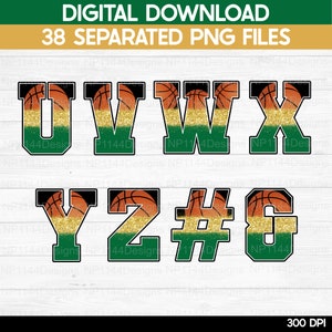Basketball Alphabet Bundle PNG, Green and Gold Team Spirit, Glitter ...