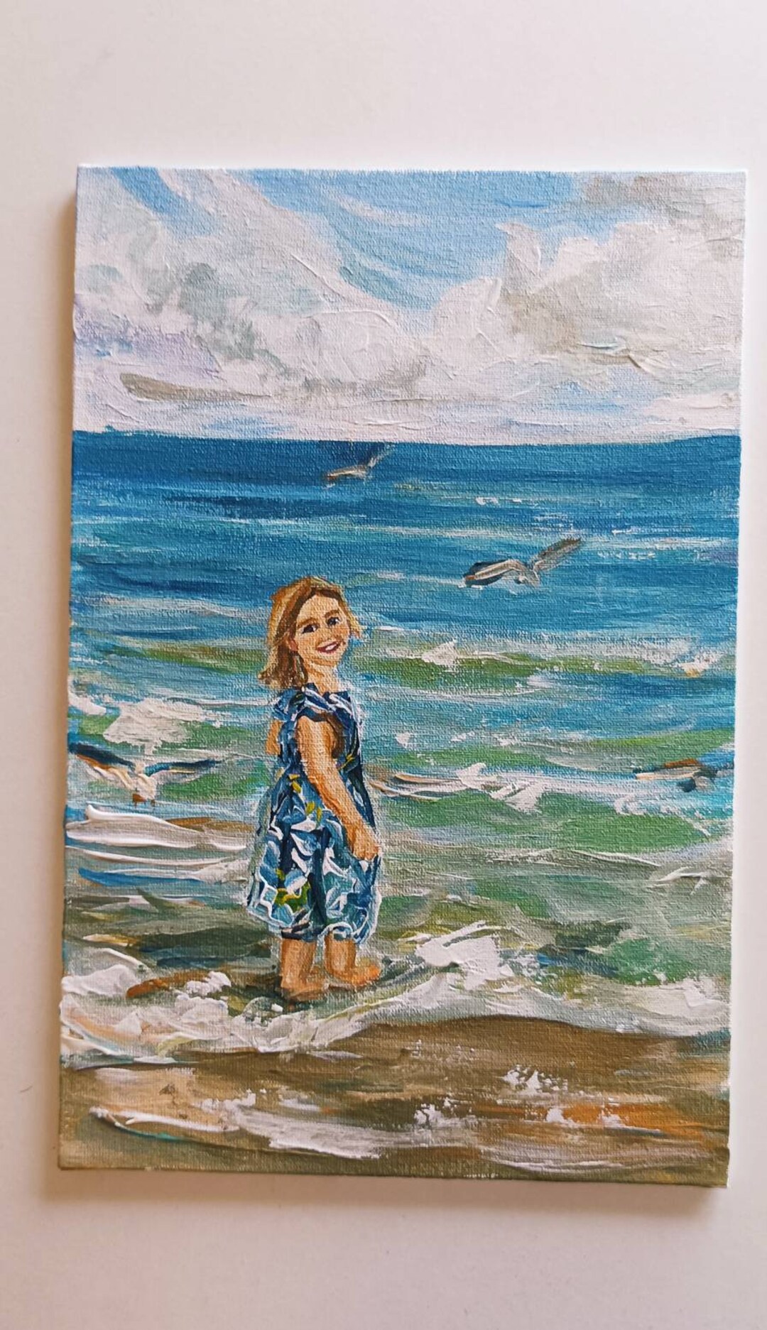 My Summer Original Acrylic Painting of Little Girl at the Beach. Ocean ...