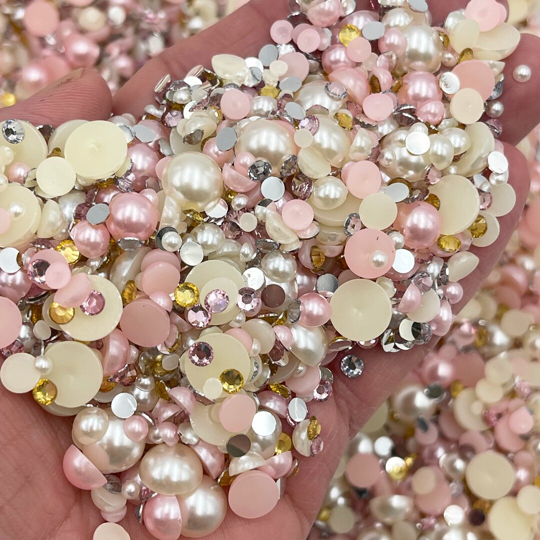 Ivory and Pink Pearl Mix, Flatback Pearls and Rhinestone Mix, Sizes ...