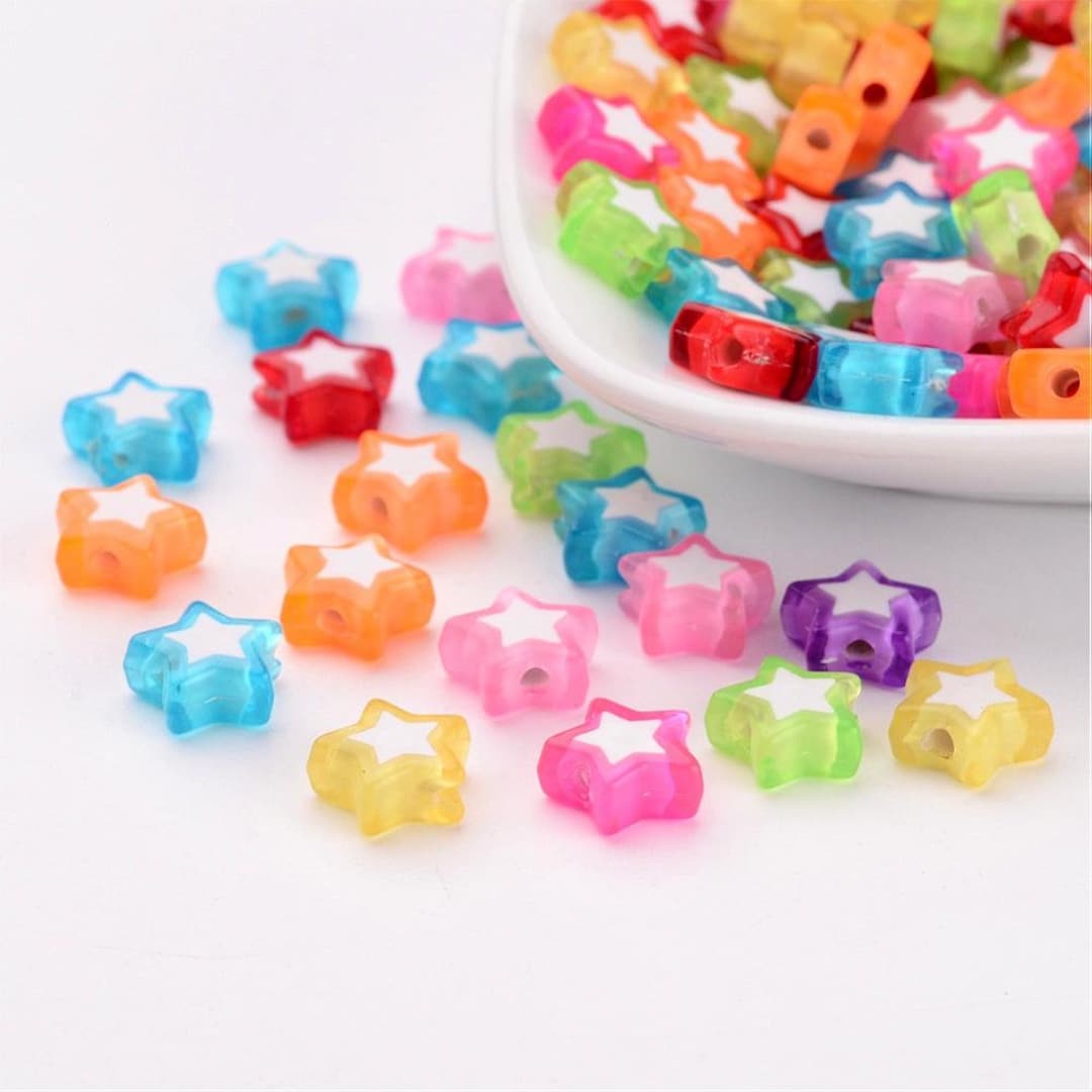 100 Pcs Colorful Star Beads 9x10mm, Translucent Star Beads, Kawaii Star ...