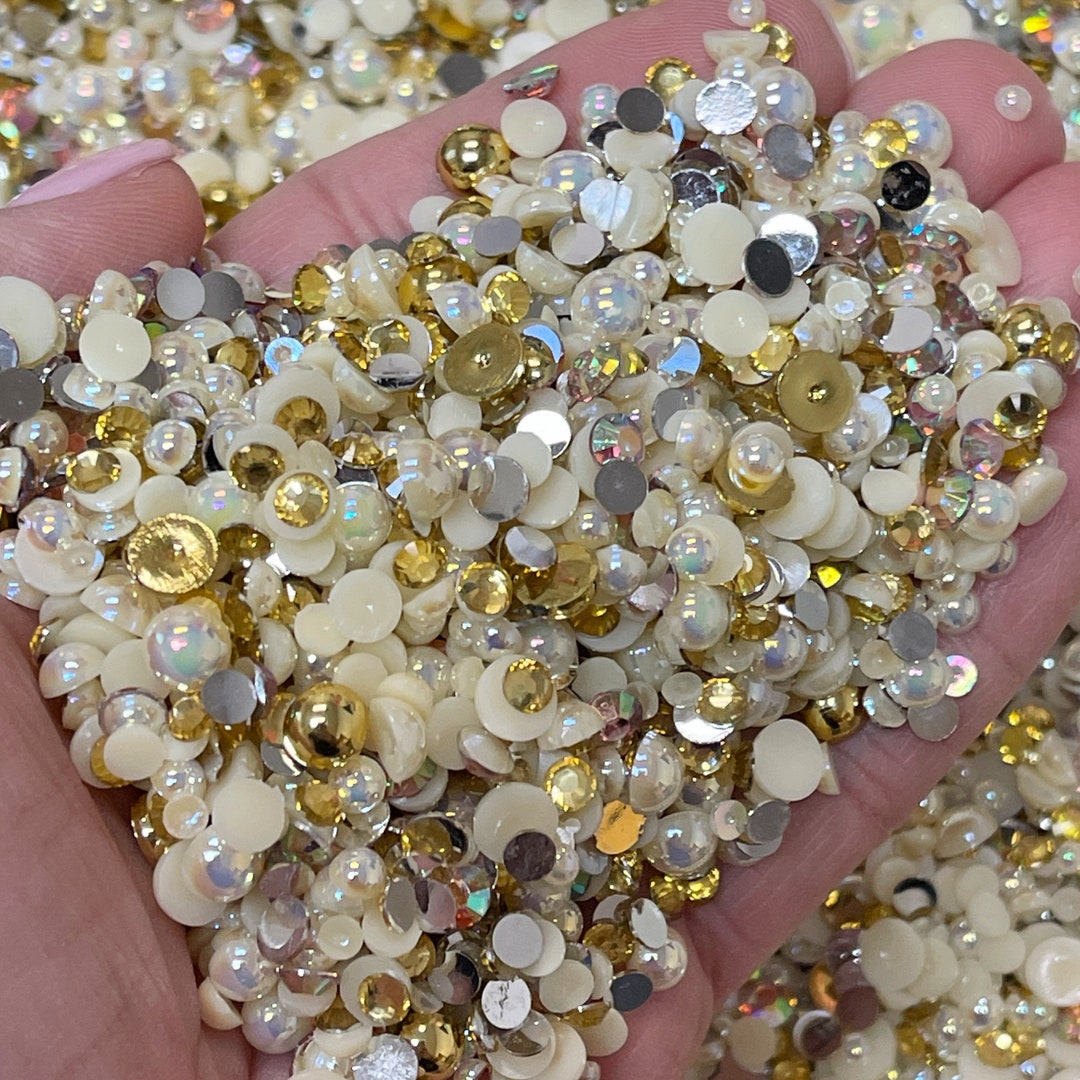 Cream Silk Pearl Mix, Flatback Pearls and Rhinestone Mix, Sizes Range ...