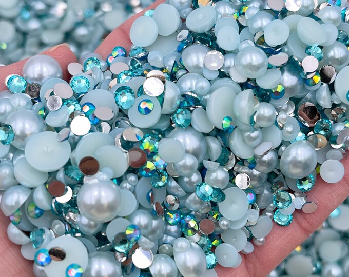 Icy Blue Pearl Mix, Flatback Pearls and Rhinestone Mix, Sizes Range 3MM ...