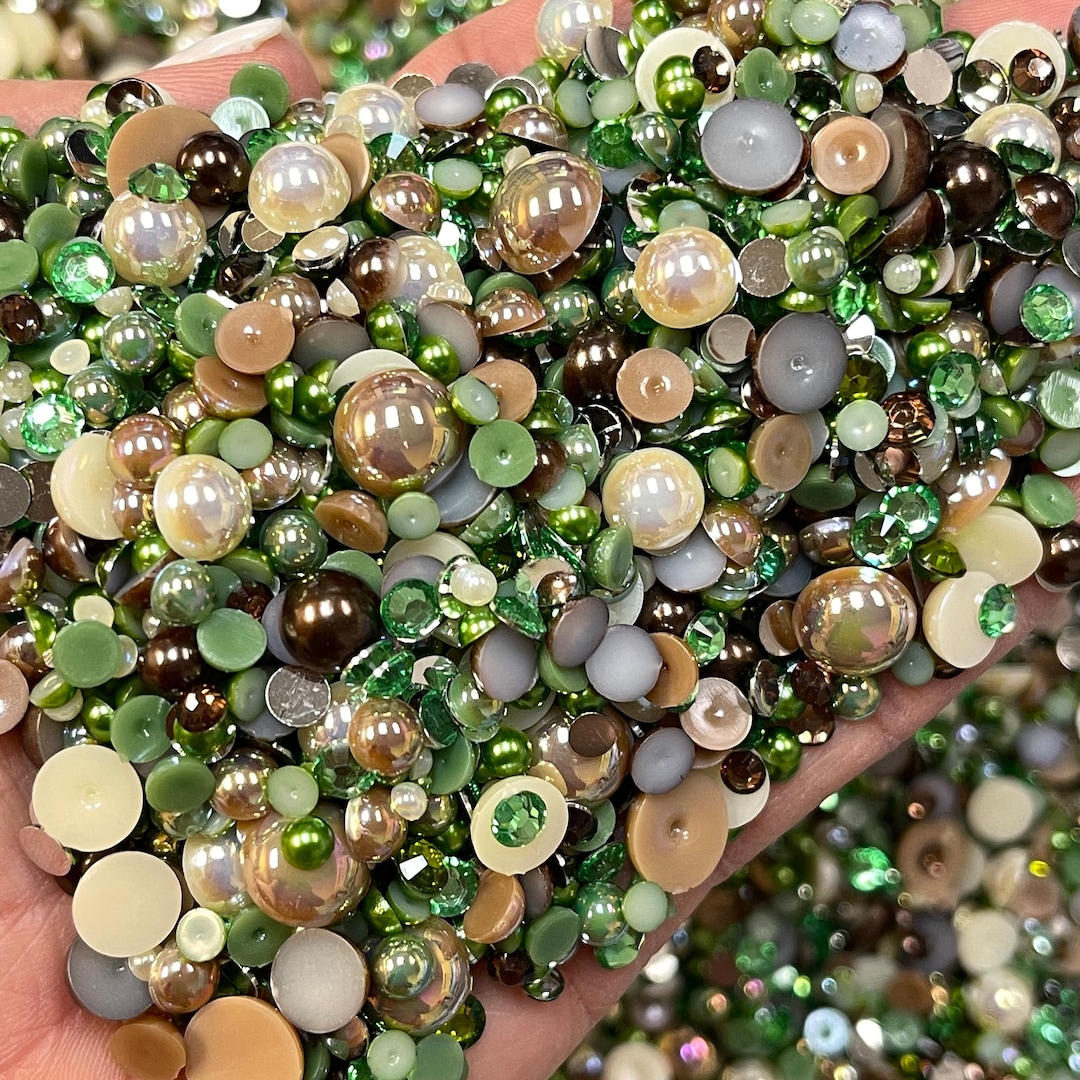 Green Camo Pearl Mix, Flatback Pearls and Rhinestone Mix, Sizes Range ...