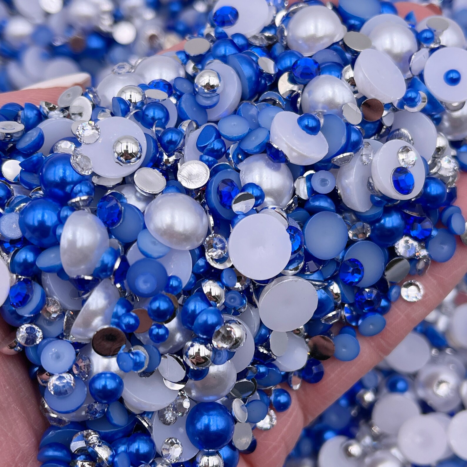 Blue and White Pearl Mix, Flatback Pearls and Rhinestone Mix, Sizes ...