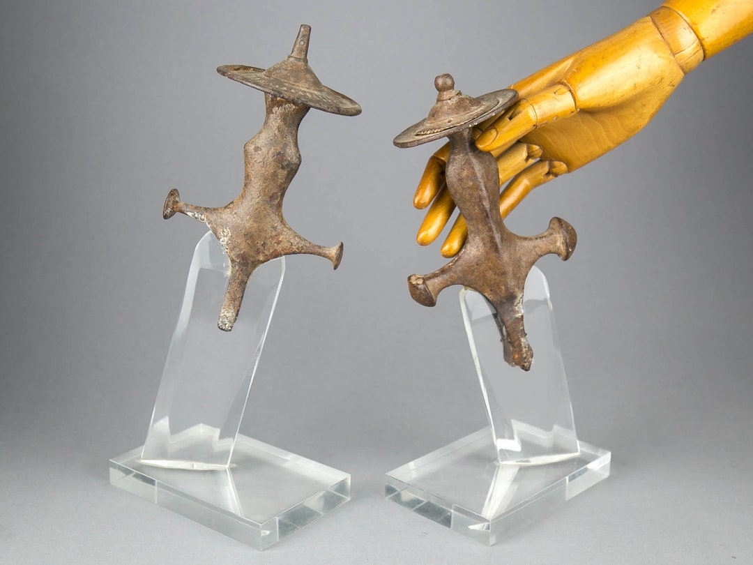 Two Antique Indian Talwar Sword Hilts - With Custom Display Stand, 19th ...