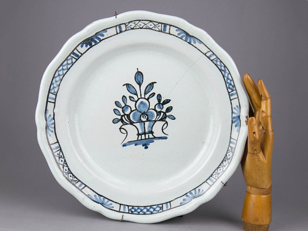 Antique French Rouen Faience Plate: Large Blue White Tin-glazed Decor ...