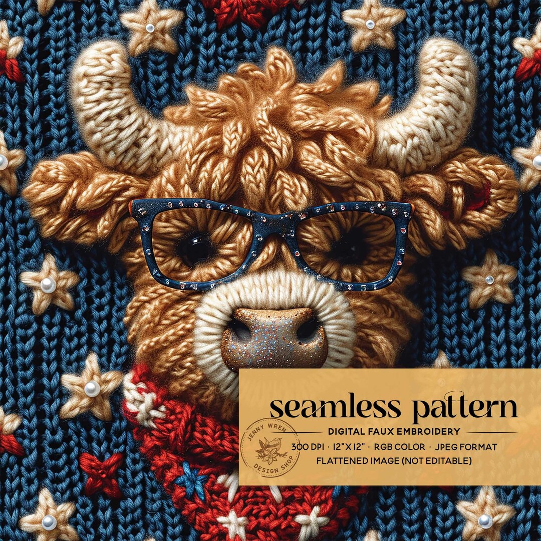 4th of July Patriotic Highland Cow Seamless Pattern, Red White Blue ...