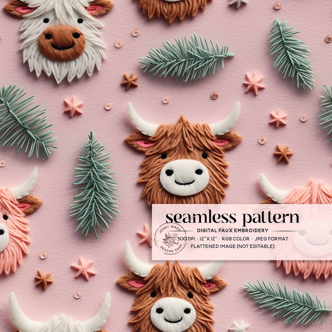 Cute Christmas Highland Cow Digital Paper, Pastel Highland Cow Faux ...
