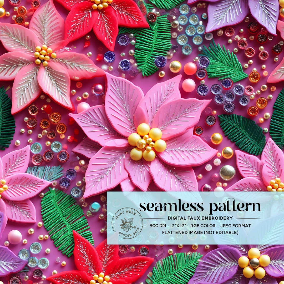 Glitter Poinsettia Faux Embroidery Seamless File, Christmas Glam ...