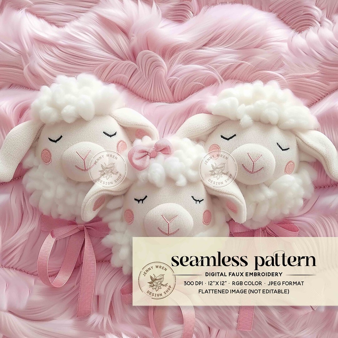 Cute Fluffy Lamb Seamless Pattern, Pink Easter Lamb Embroidery Seamless ...