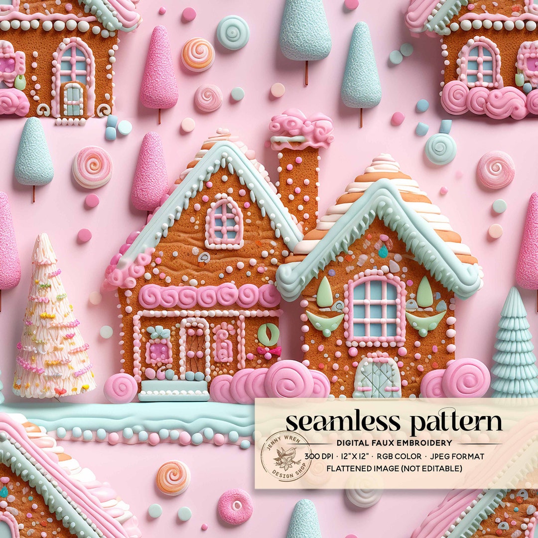 Pink Gingerbread Cookie House Seamless Pattern, Pastel Cookie House ...