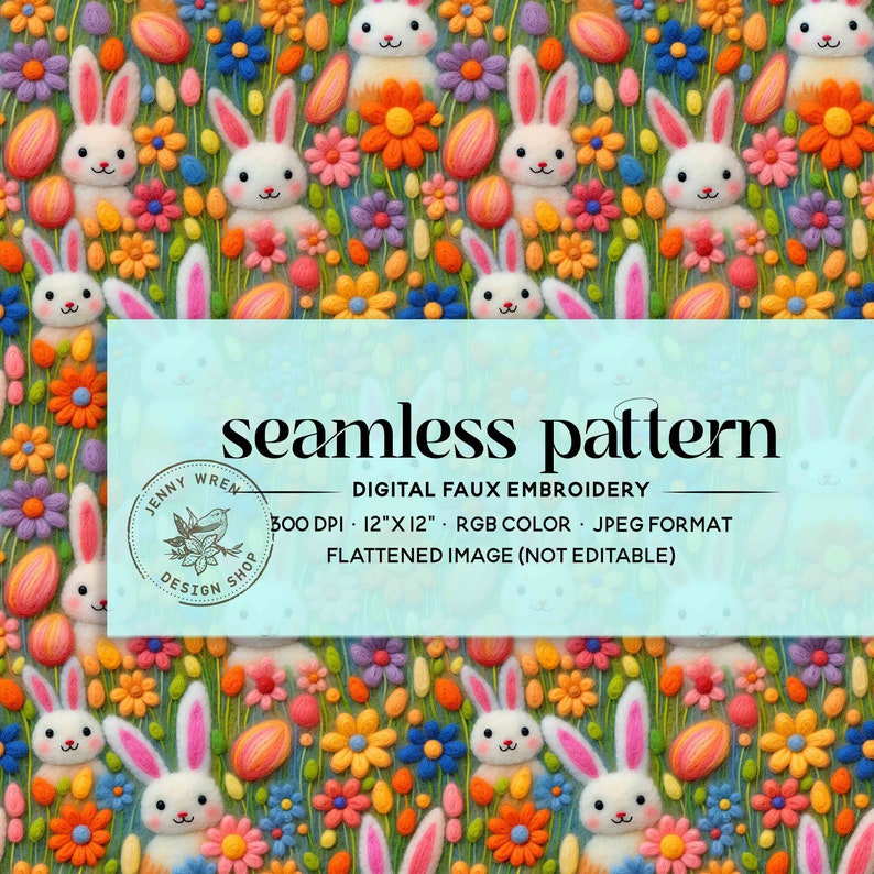 Floral Easter Bunny Faux Embroidery Seamless Pattern, Colorful Spring ...