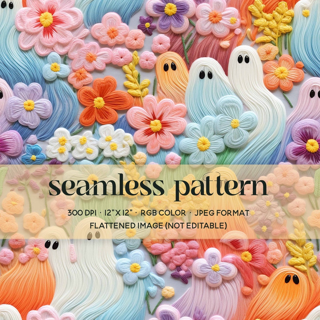 Pastel Ghosts Embroidery Seamless, Halloween Ghosts Seamless Pattern ...