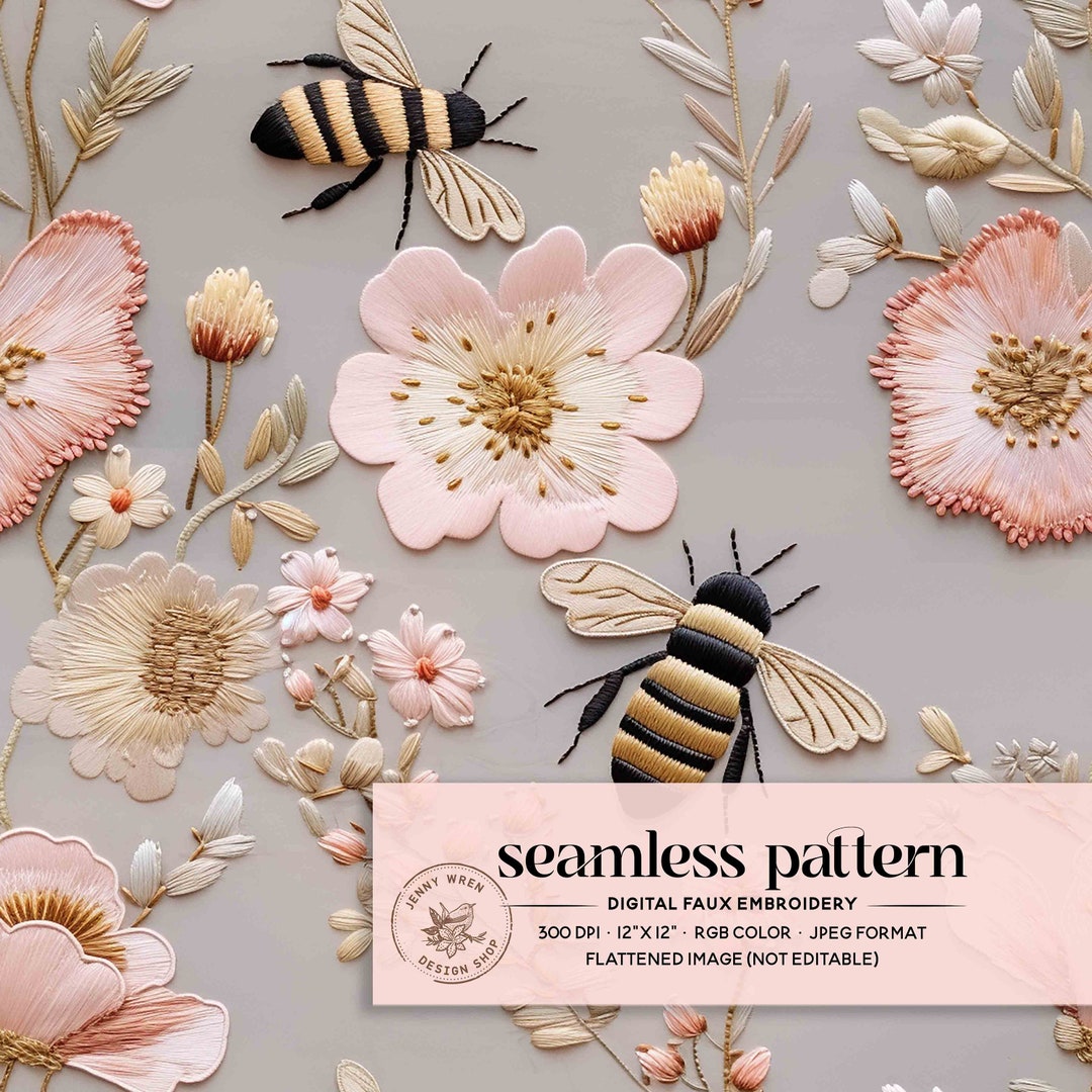 Blush Pink and Gold Floral Bees Faux Embroidery Seamless File, Vintage ...
