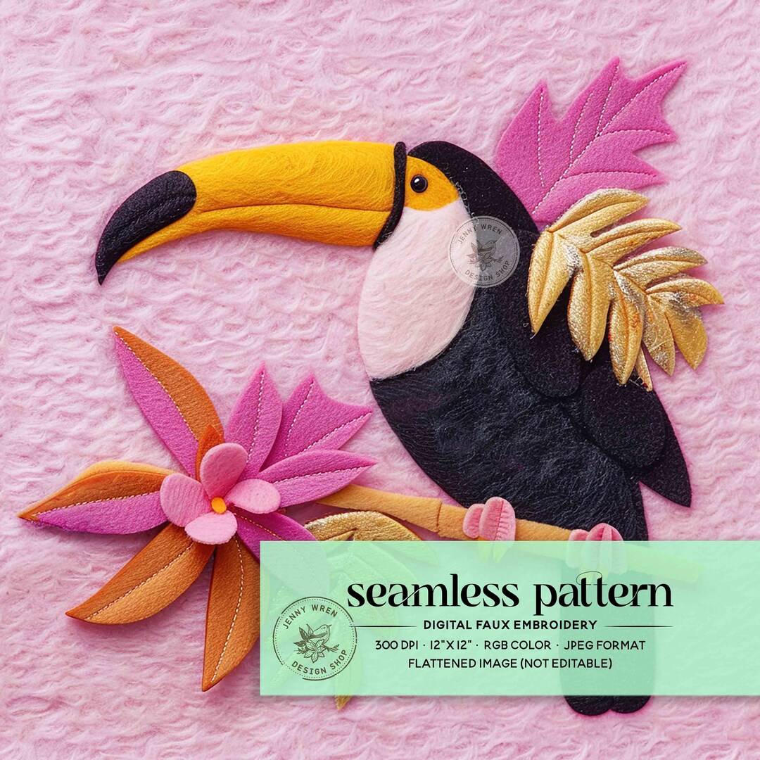 Preppy Tropical Leaves and Toucan Seamless File, 3D Tropical Bird Faux ...