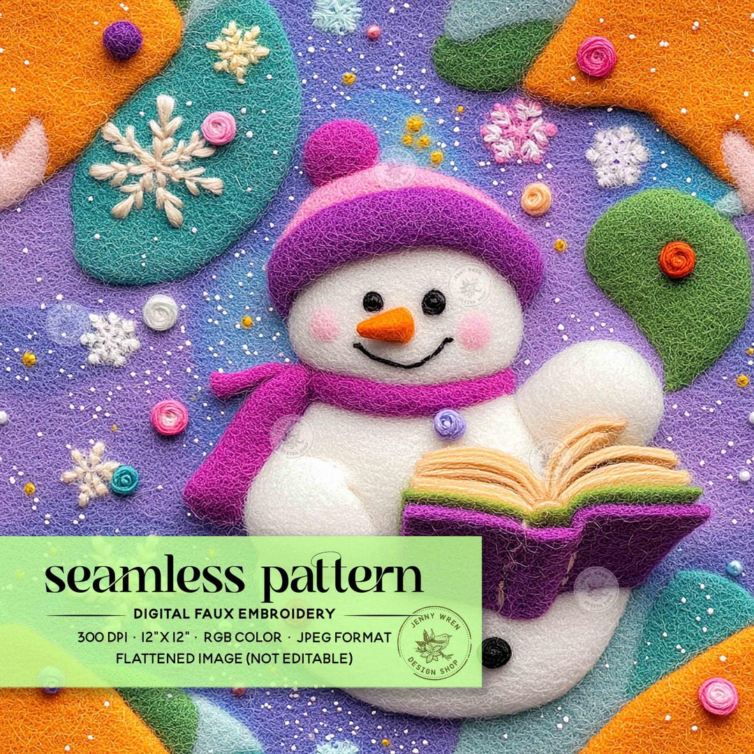 Cute Snowman Reading Book Seamless Pattern, Book Lover Snowman Seamless ...