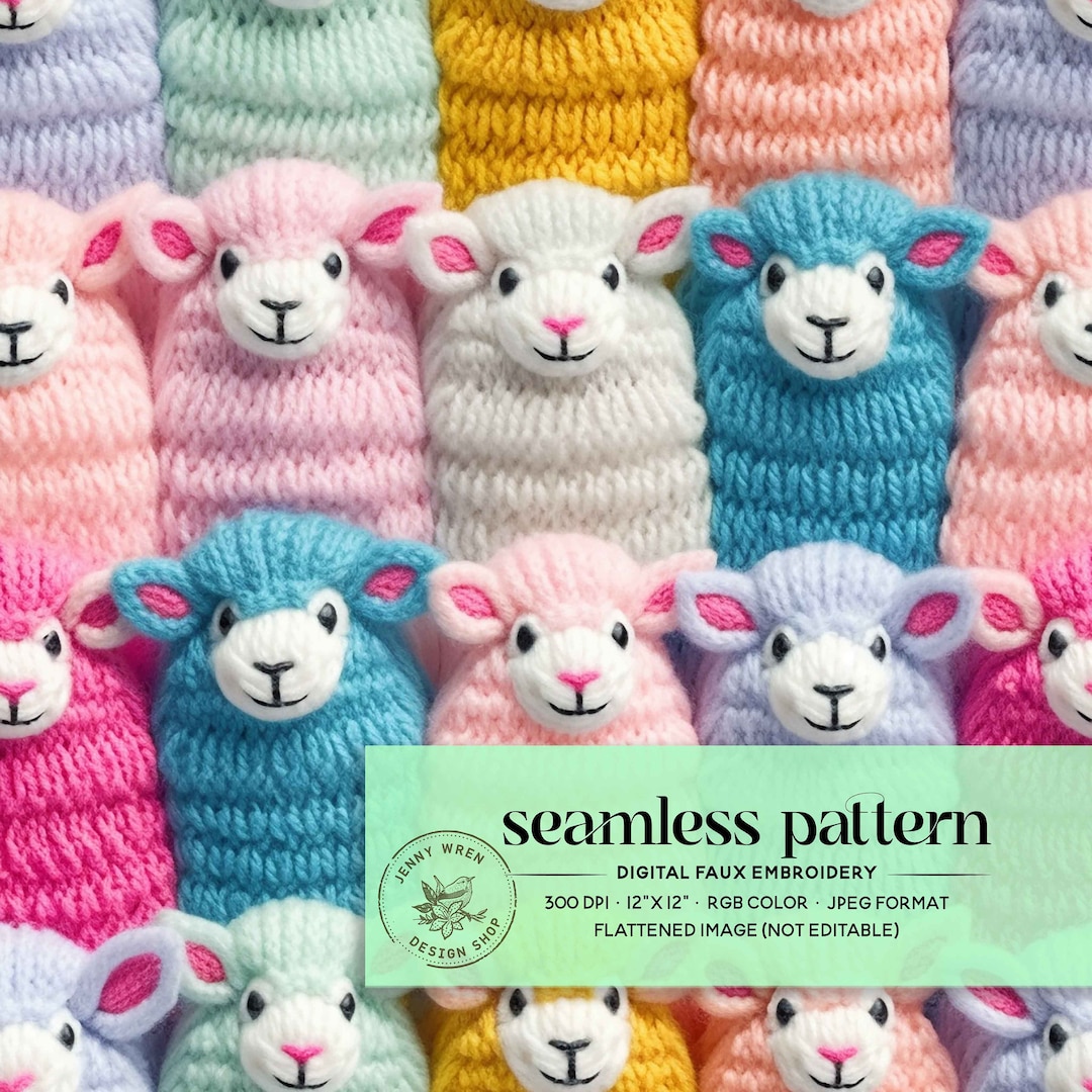 Pastel Sheep Faux Embroidery Seamless Pattern, Colorful Sheep Seamless ...
