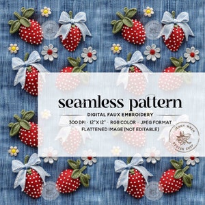3D Strawberry Daisy on Denim Seamless Pattern, Strawberries and Bows ...