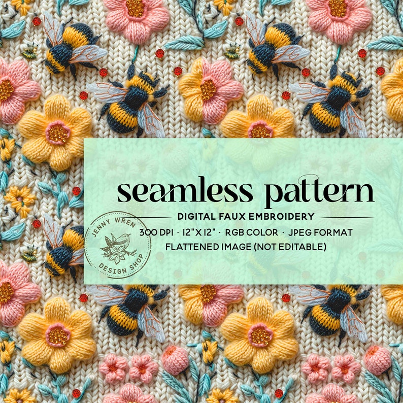 3D Knitted Floral Bees Seamless Pattern, Spring Honey Bees Faux ...