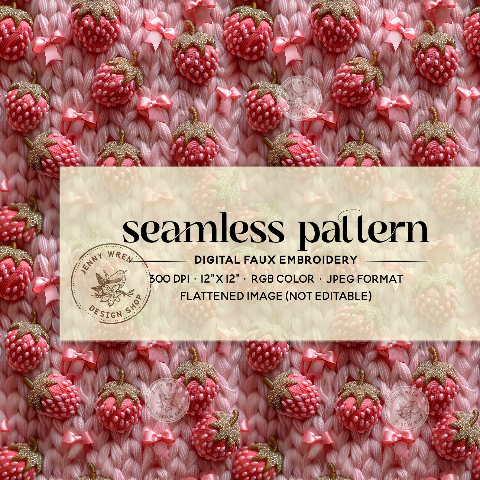 Strawberries and Pink Bows Faux Embroidery Seamless File, 3D Coquette ...