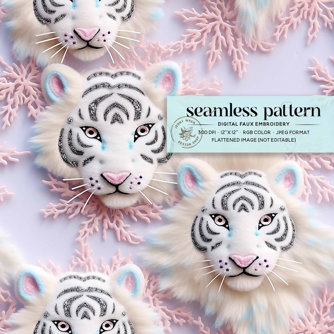 Christmas White Tiger Seamless Pattern, Snow Tiger Faux Embroidery ...