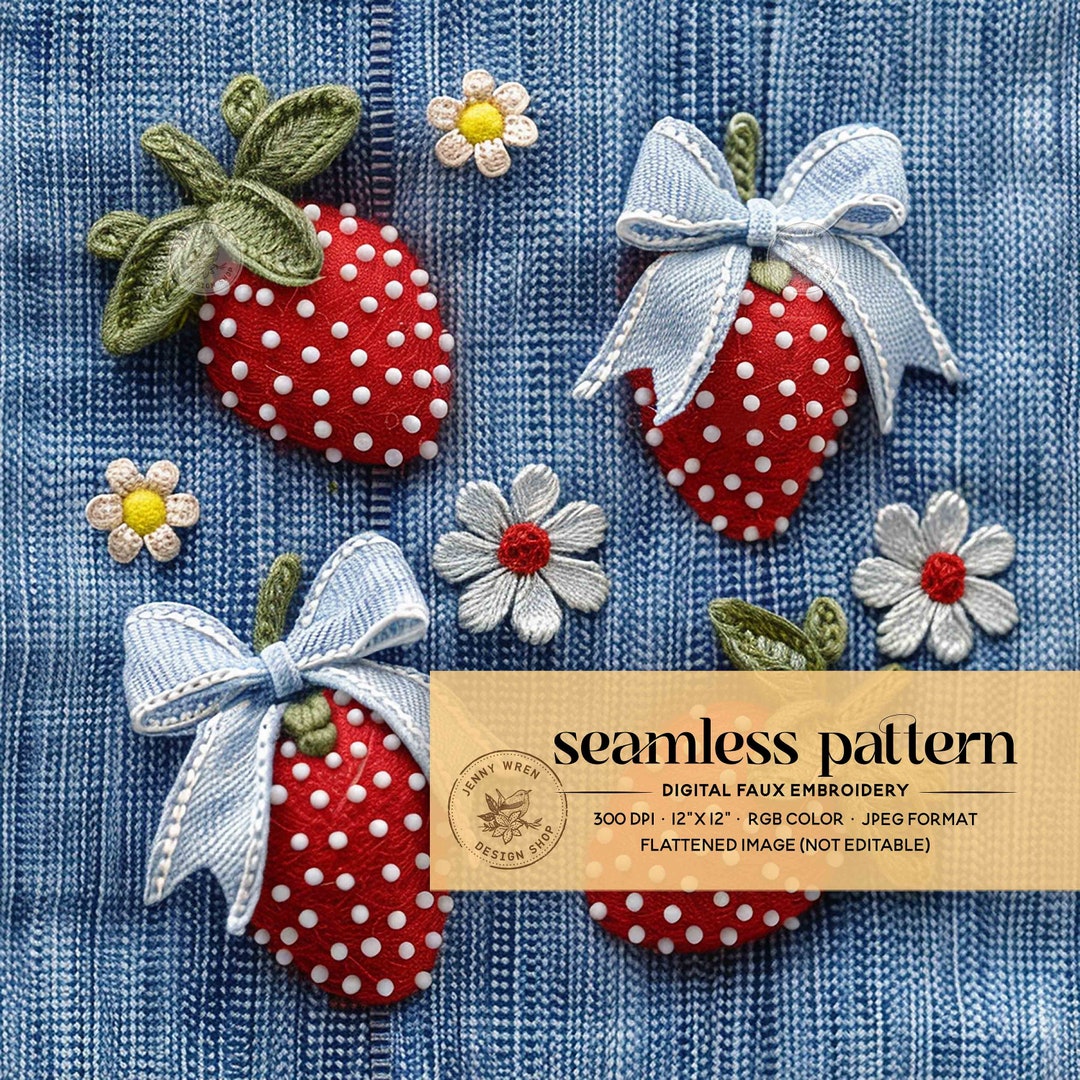 3D Strawberry Daisy on Denim Seamless Pattern, Strawberries and Bows ...