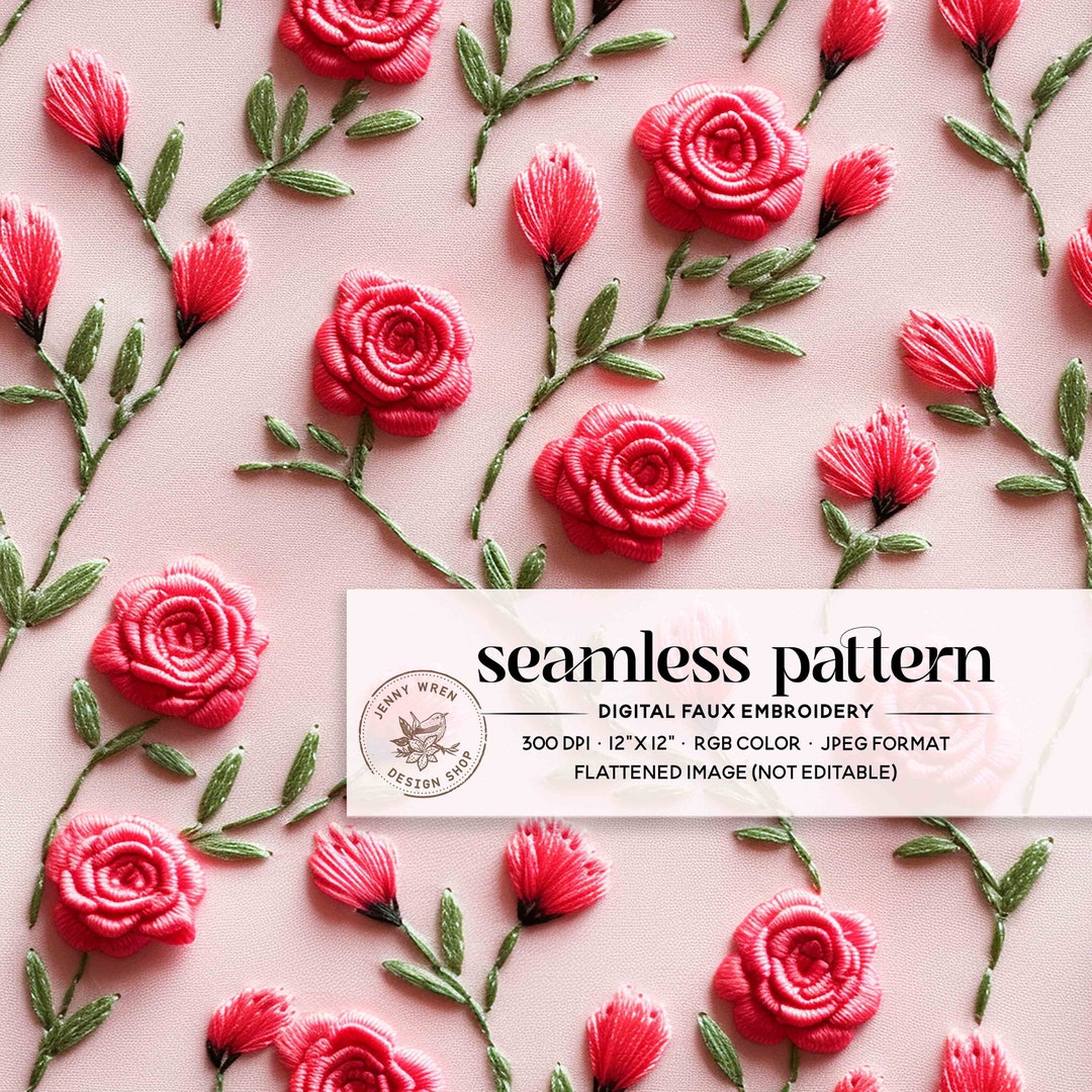 Valentine Roses Faux Embroidery Seamless File, Boho Valentines Floral ...