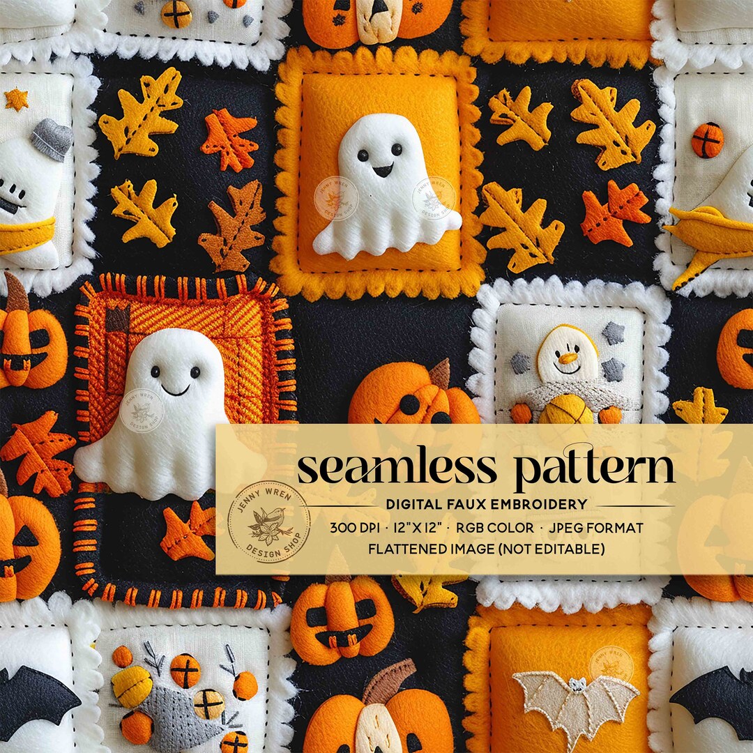 Fall Halloween Patchwork Seamless Pattern, 3D Cute Halloween Collage ...