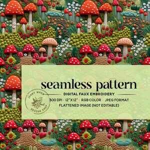 Mushroom Faux Embroidery Seamless Pattern, Floral Mushroom Seamless ...