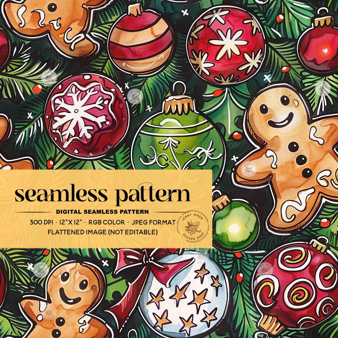 Cute Christmas Tree Ornaments Seamless Repeat Pattern, Retro Christmas ...