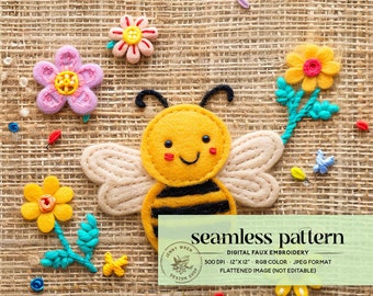 Floral Bees Faux Embroidery Seamless Pattern, Summer Spring Honey Bees ...