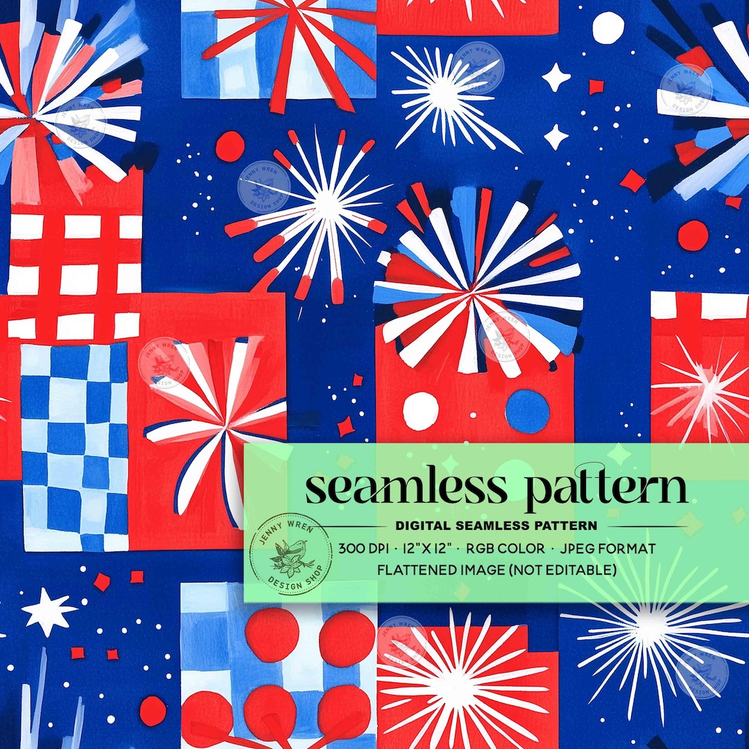 Retro 4th of July Fireworks Seamless Pattern, Patriotic Red White Blue ...