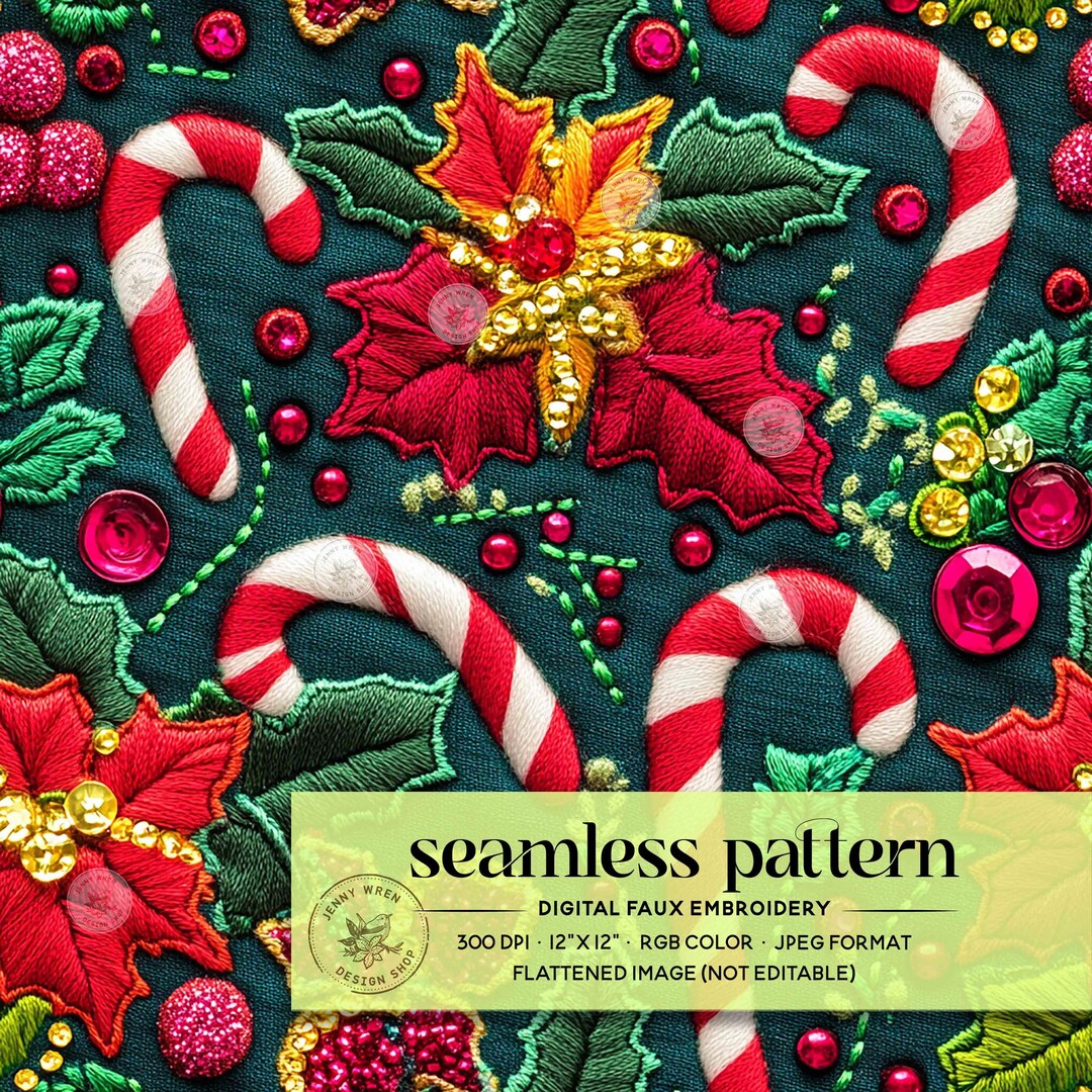 Christmas Floral Candy Cane Seamless Pattern, Holiday Red and Green ...